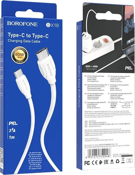 Кабель USB Type-C -> USB Type-C Borofone BX19 60W 1 м White (BX19CCW) купить | ELMIR - цена ...